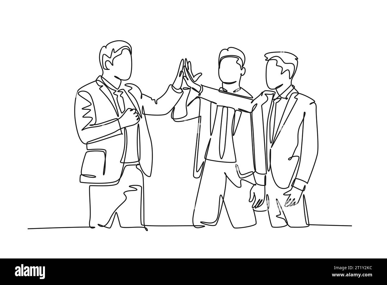 Continuous one line drawing three young happy businessmen celebrate ...