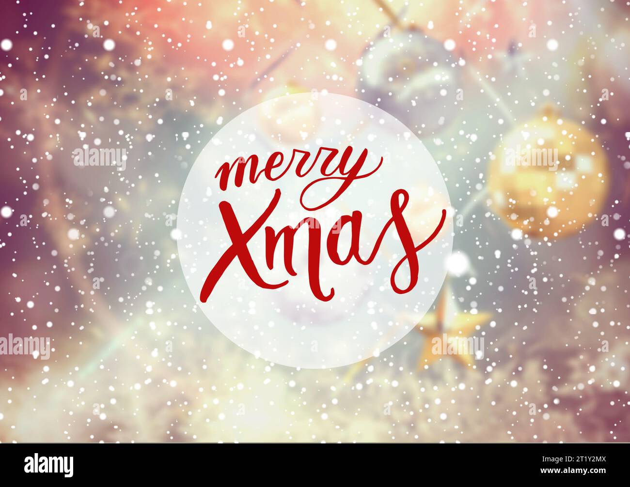 Composite of merry xmas text over snow falling and baubles background ...
