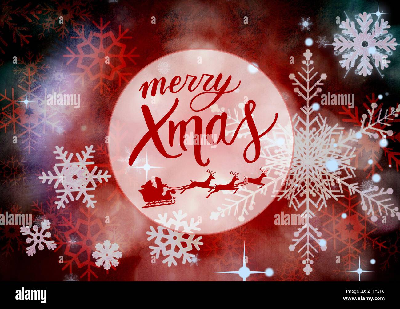 Composite of merry xmas text over snow falling on red background Stock ...
