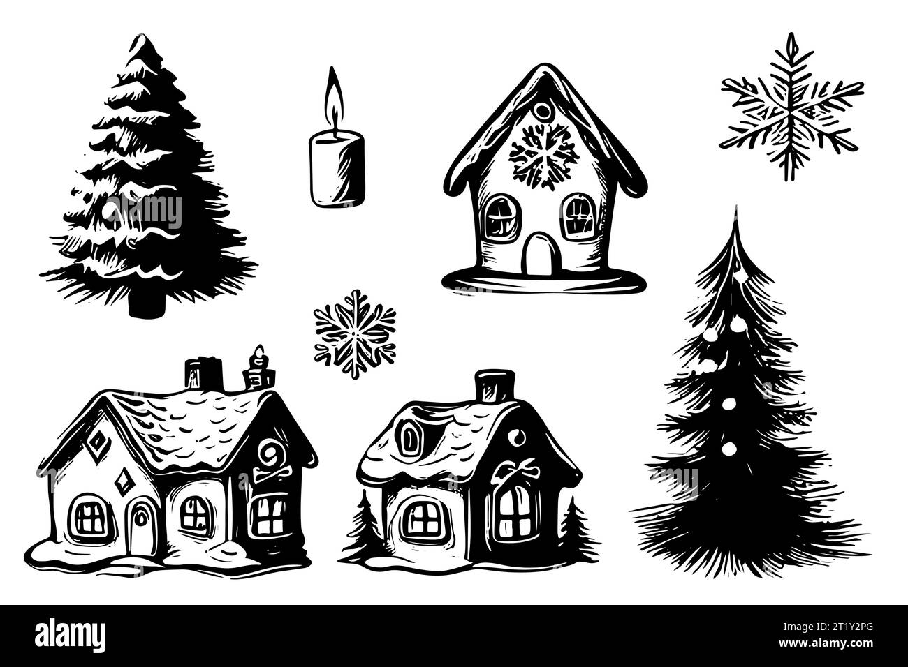 Christmas Greeting card. ketch Set of hand drawn buildings with fir ...