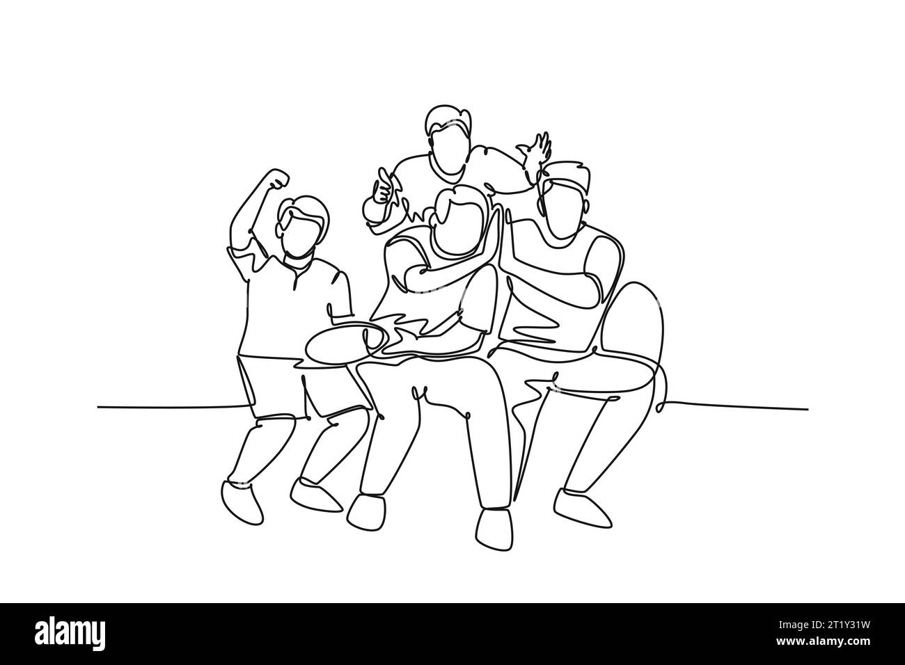 Single continuous line drawing young happy group fans siting on sofa ...