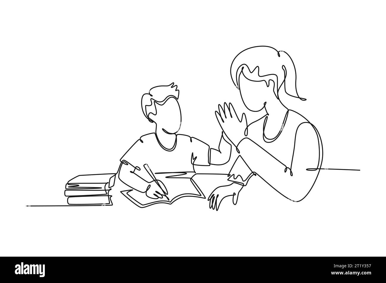 Single continuous line drawing young happy mother accompany her kid ...