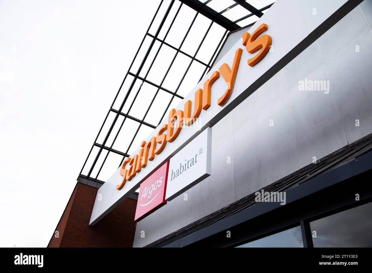 Sainsburys in Pinhoe Exeter - close-up of entrance sign with Argos and ...
