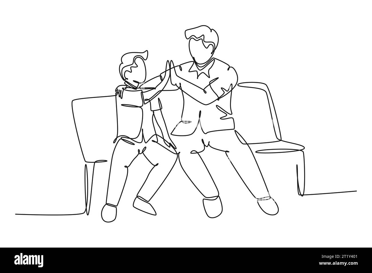 Single continuous line drawing young happy father sitting relax on wood ...