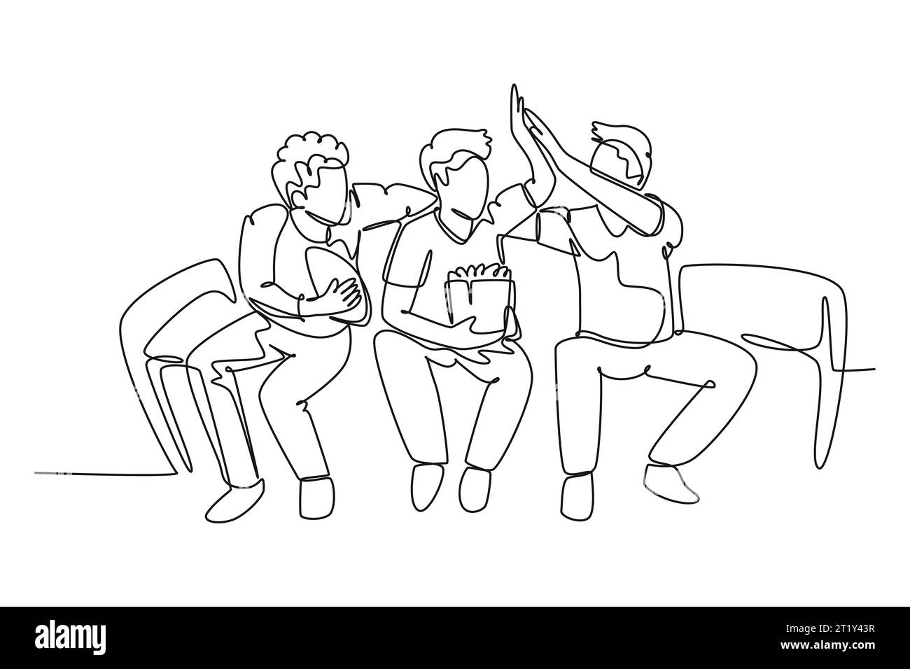 Single continuous line drawing young happy fans siting on sofa and ...