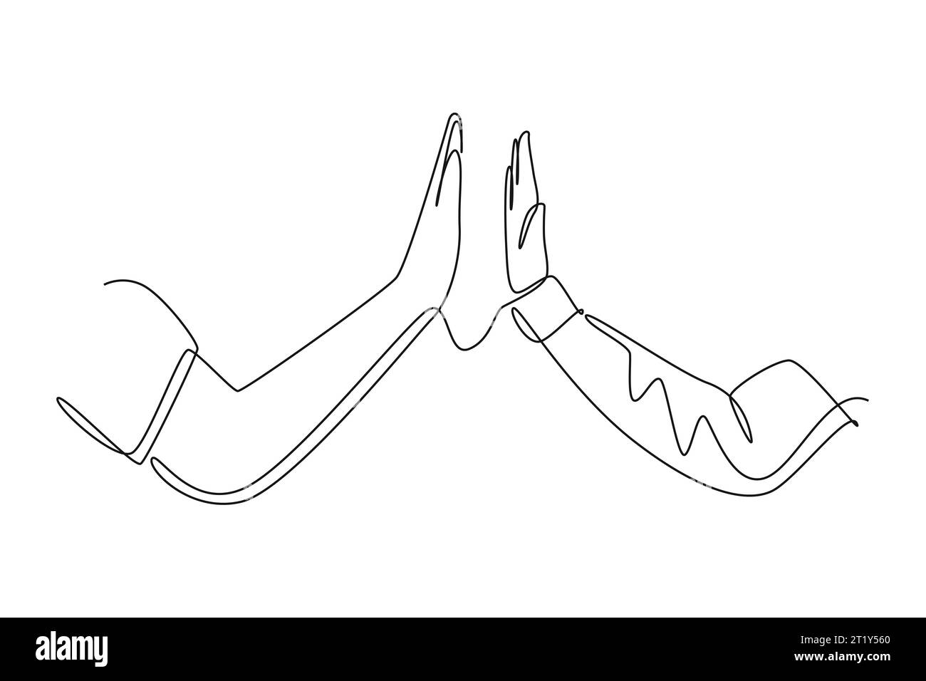 Single one line drawing two men giving high fives gesture hands wearing ...