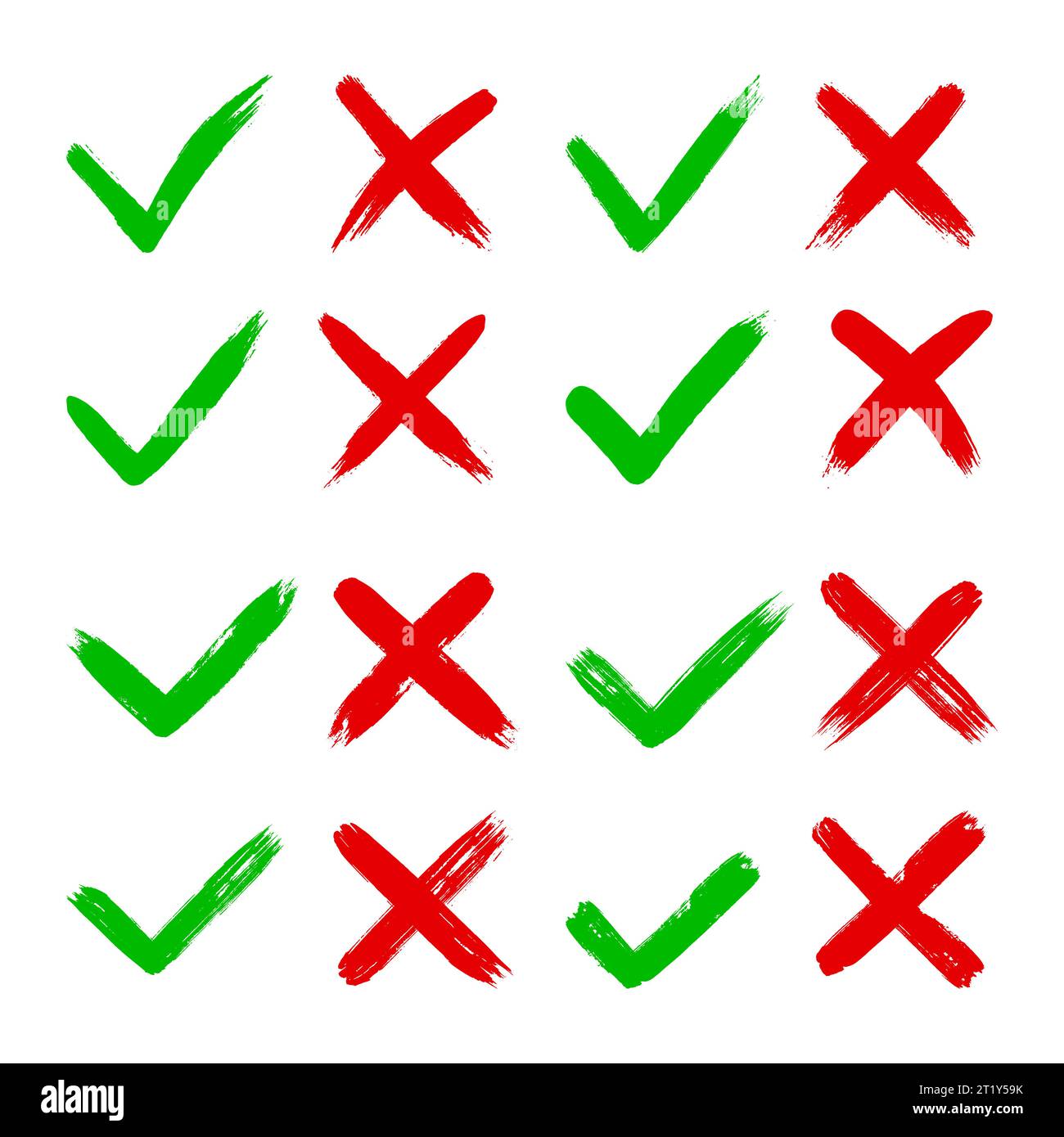 Dirty grunge hand drawn with brush strokes cross X and tick OK check ...