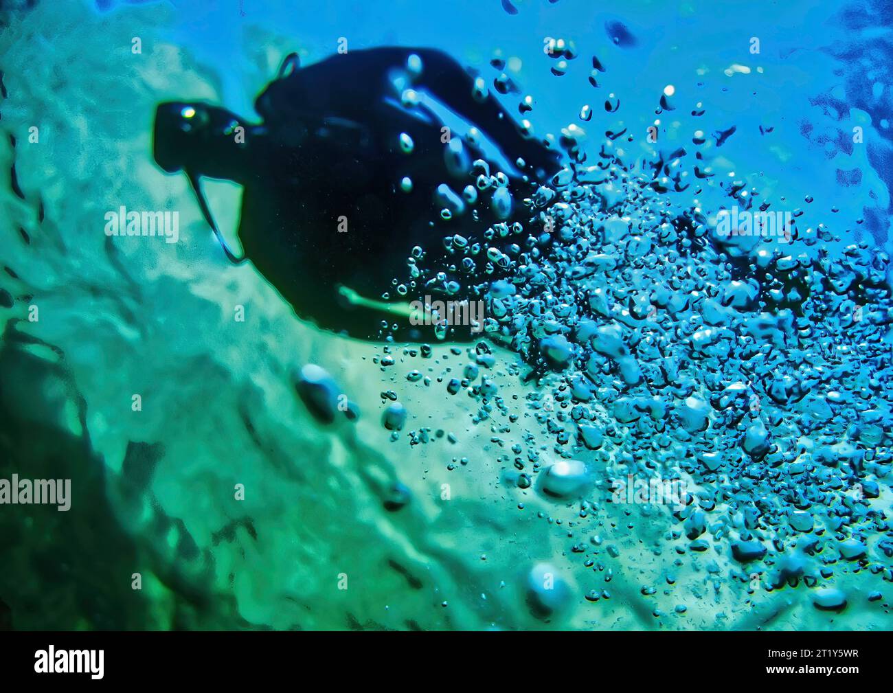 Background with a silhouette of a diver covered with bubbles Stock ...