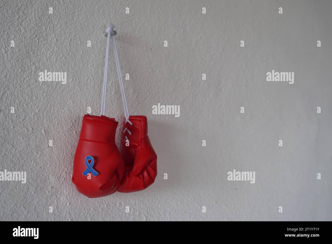 Close up image of boxing gloves and blue ribbon with copy space. Men's ...