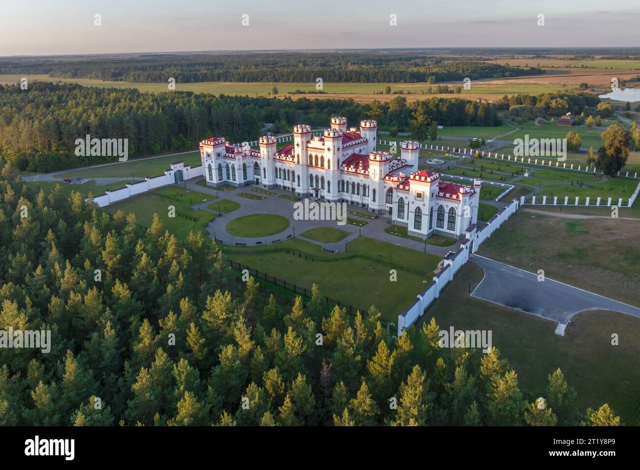 aerial view on overlooking restoration of the historic castle or palace ...