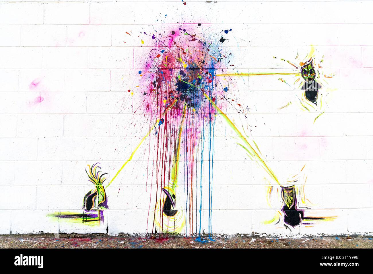 Seafront graffiti on a seawall at Herne Bay. An explosion ball of ...