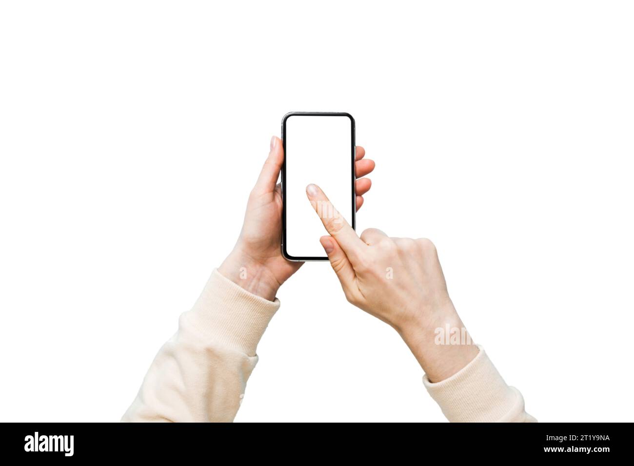 Top View Of Woman Hands Holding Smart Phone With Blank Copy Space