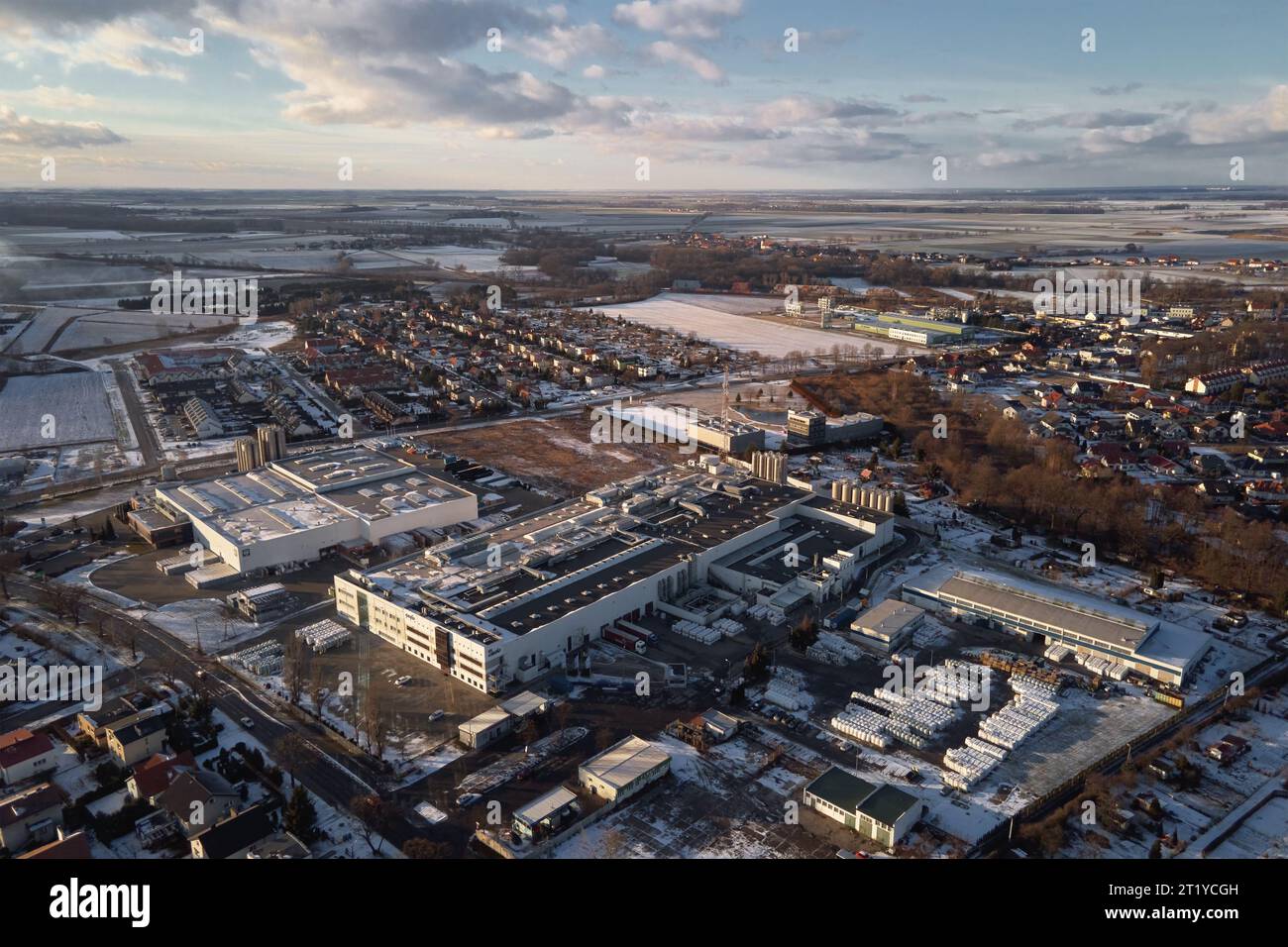 Logistic warehouse in suburban area, aerial view. Industrial center ...