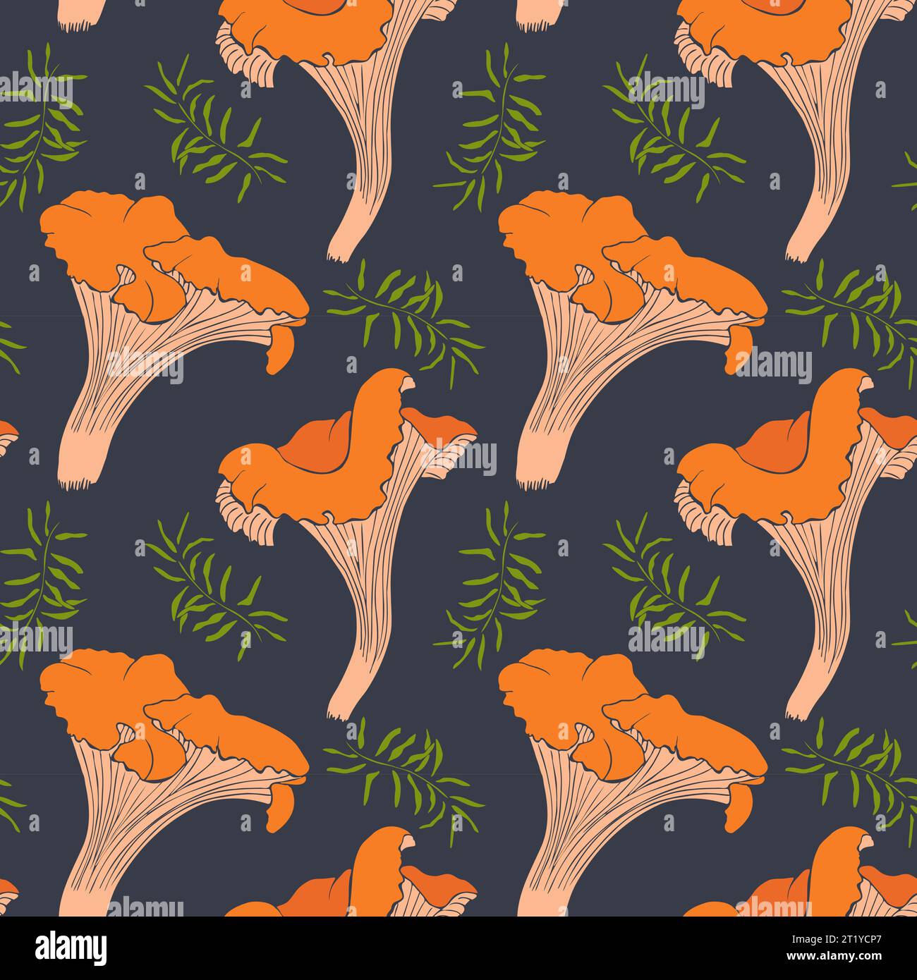 Chanterelles and moss pattern on dark background. Vector illustration ...