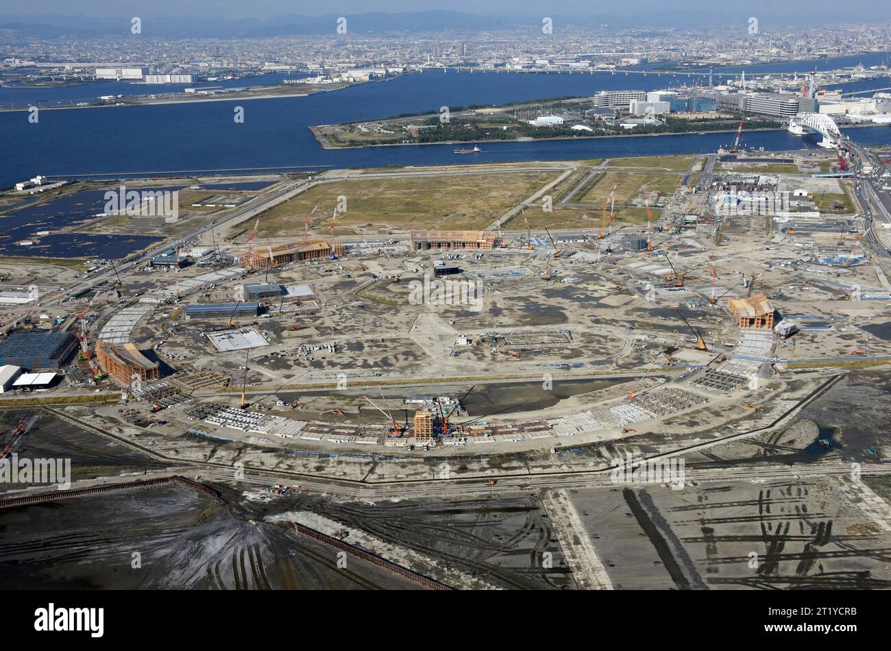 An aerial photo shows an artificial island of Yumeshima, a venue of the ...