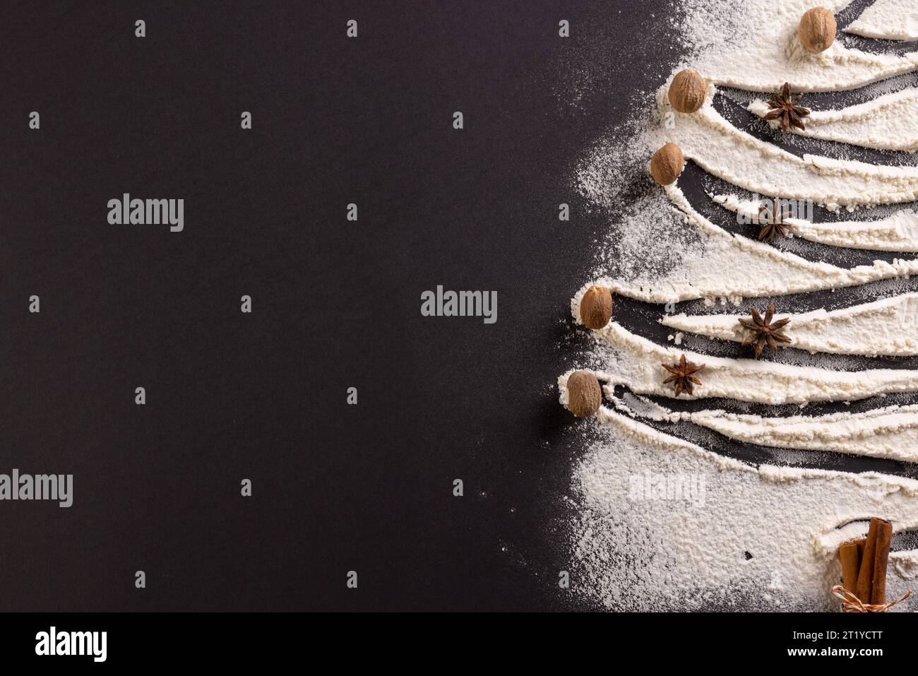 Anis seeds and christmas tree shape in flour with copy space on black ...