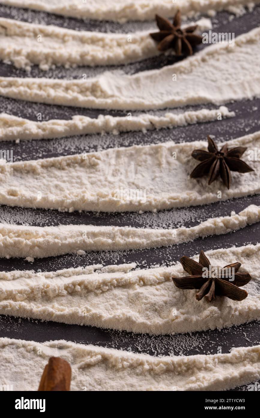 Anis seeds and christmas tree shape in flour with copy space on black ...