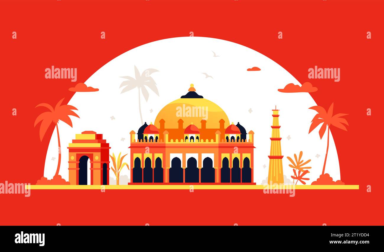 Akshardham and Gateway of India in New Delhi - colored vector ...