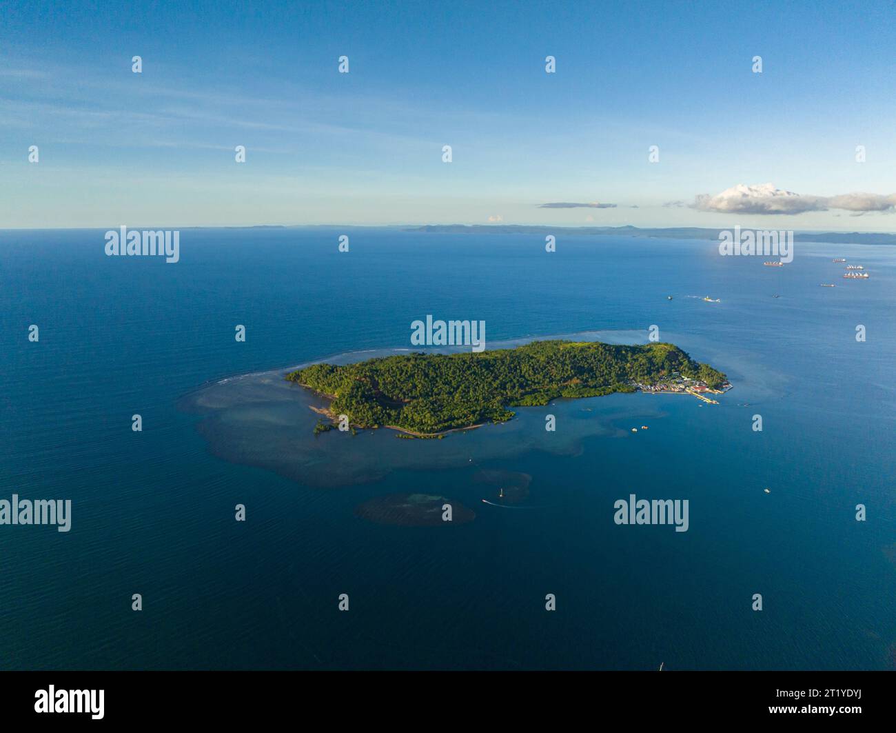 Aerial view of small village near the coast of Tropical Island with ...