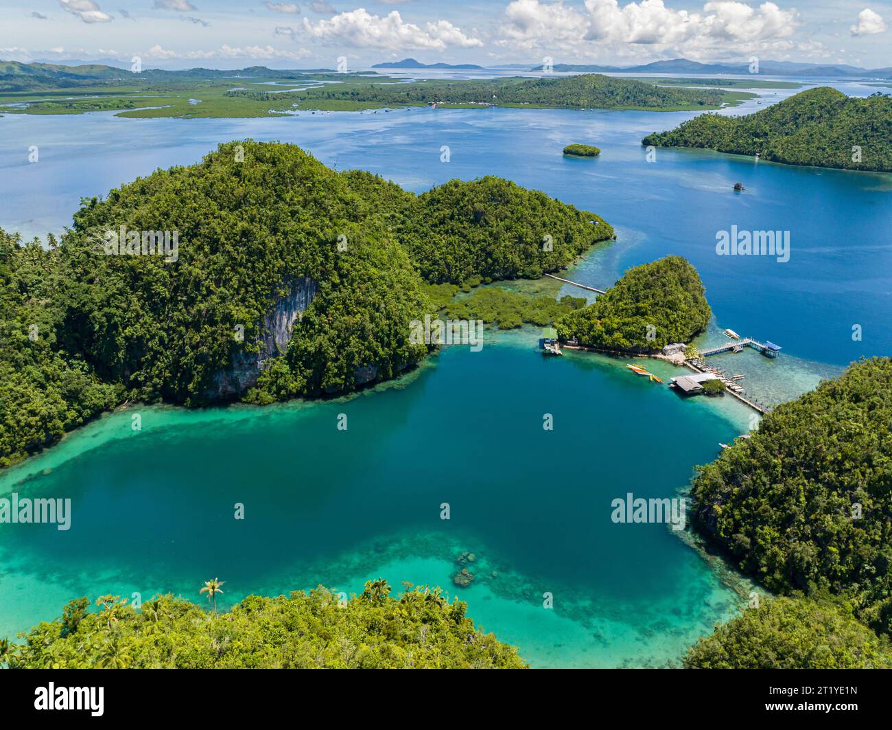 Aerial view of beautiful turquoise water in lagoon with beach and ...