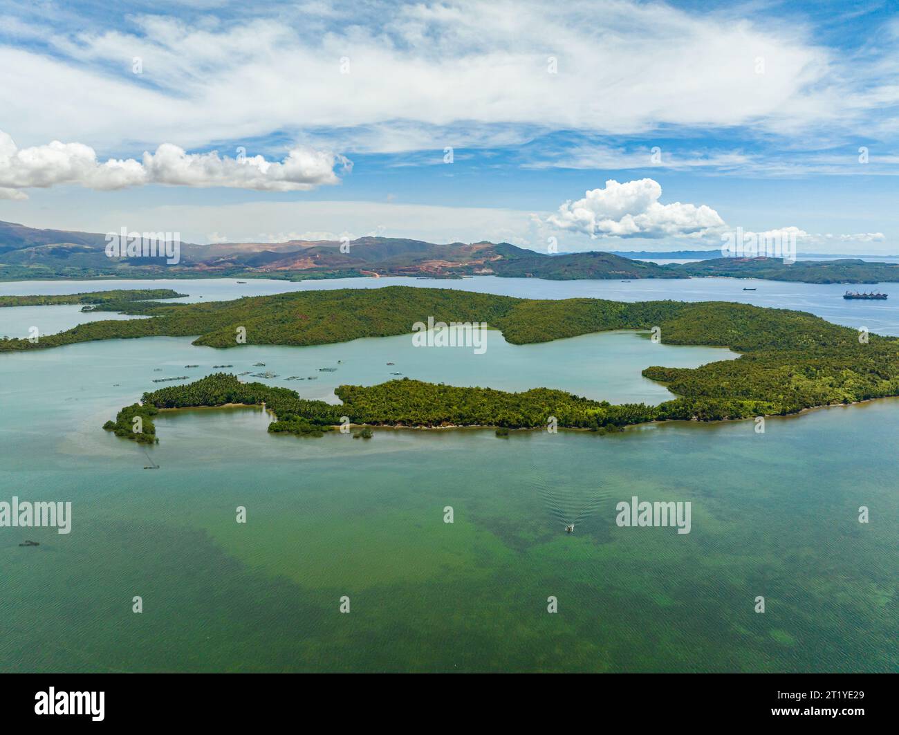 Tropical landscape of tropical island surrounded by greenish water ...