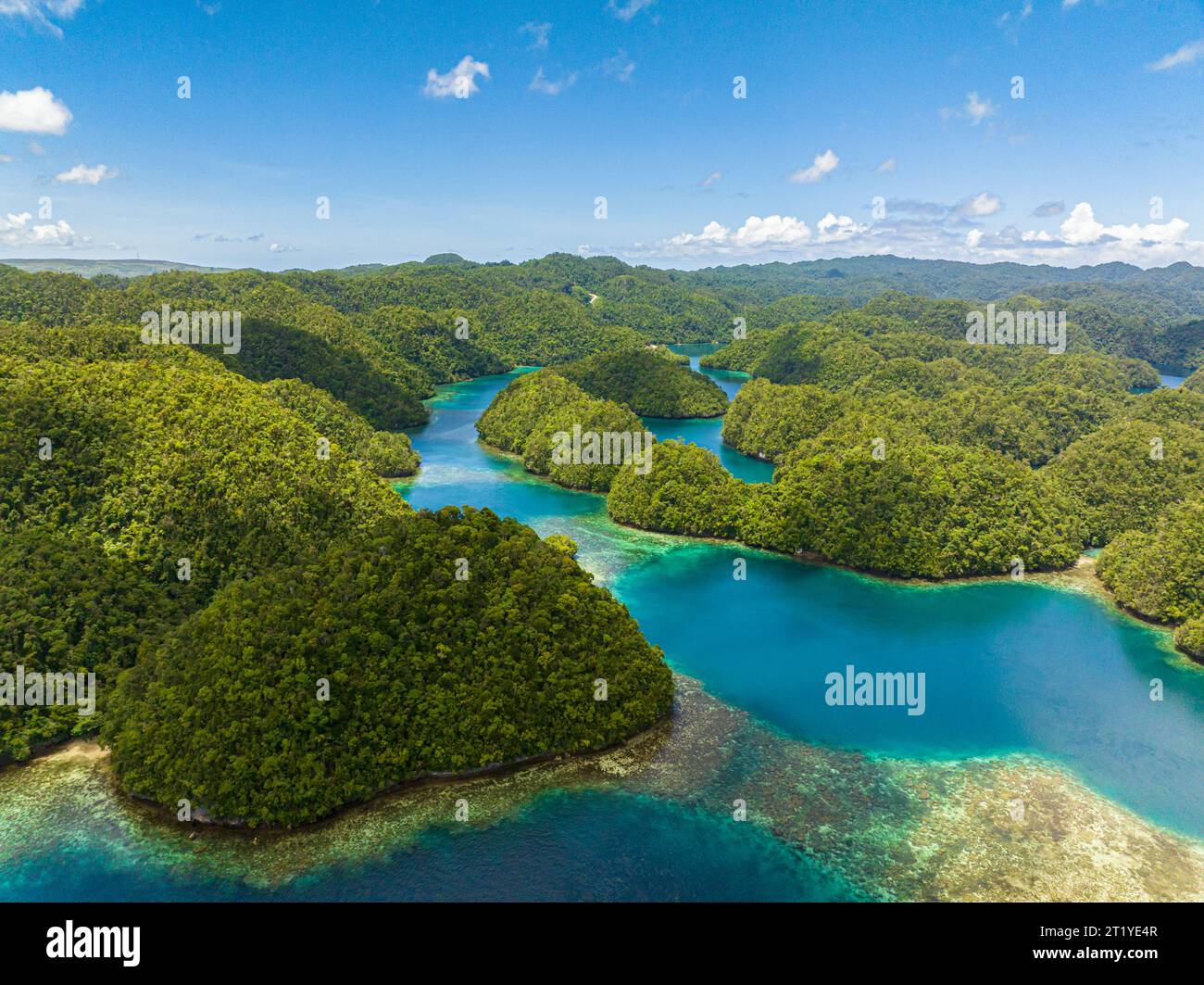 Flying over the Bucas Grande Island. Tropical landscape hill, mountains ...