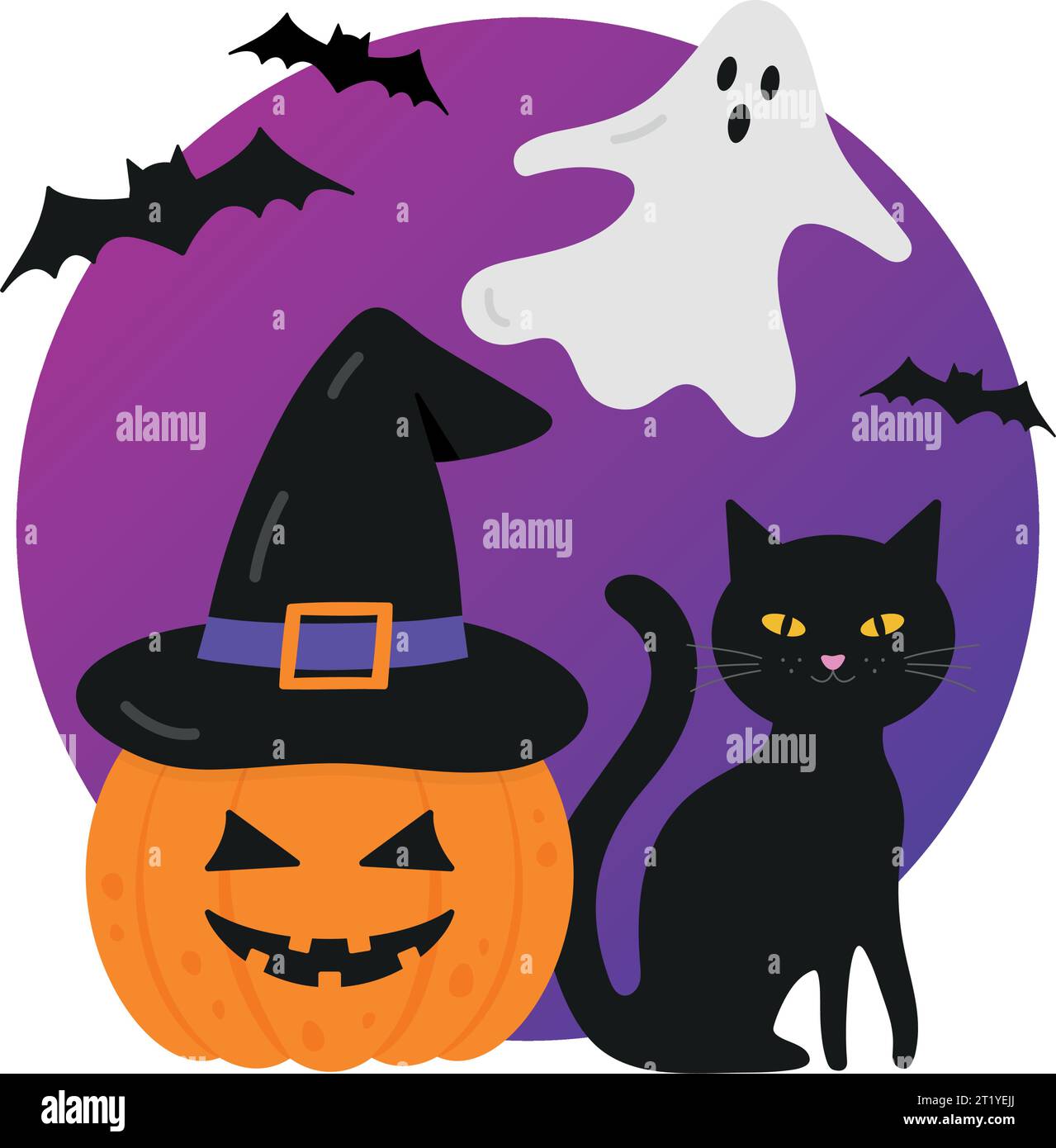 Cute halloween pumpkin with witch hat, black cat and ghost banner Stock ...