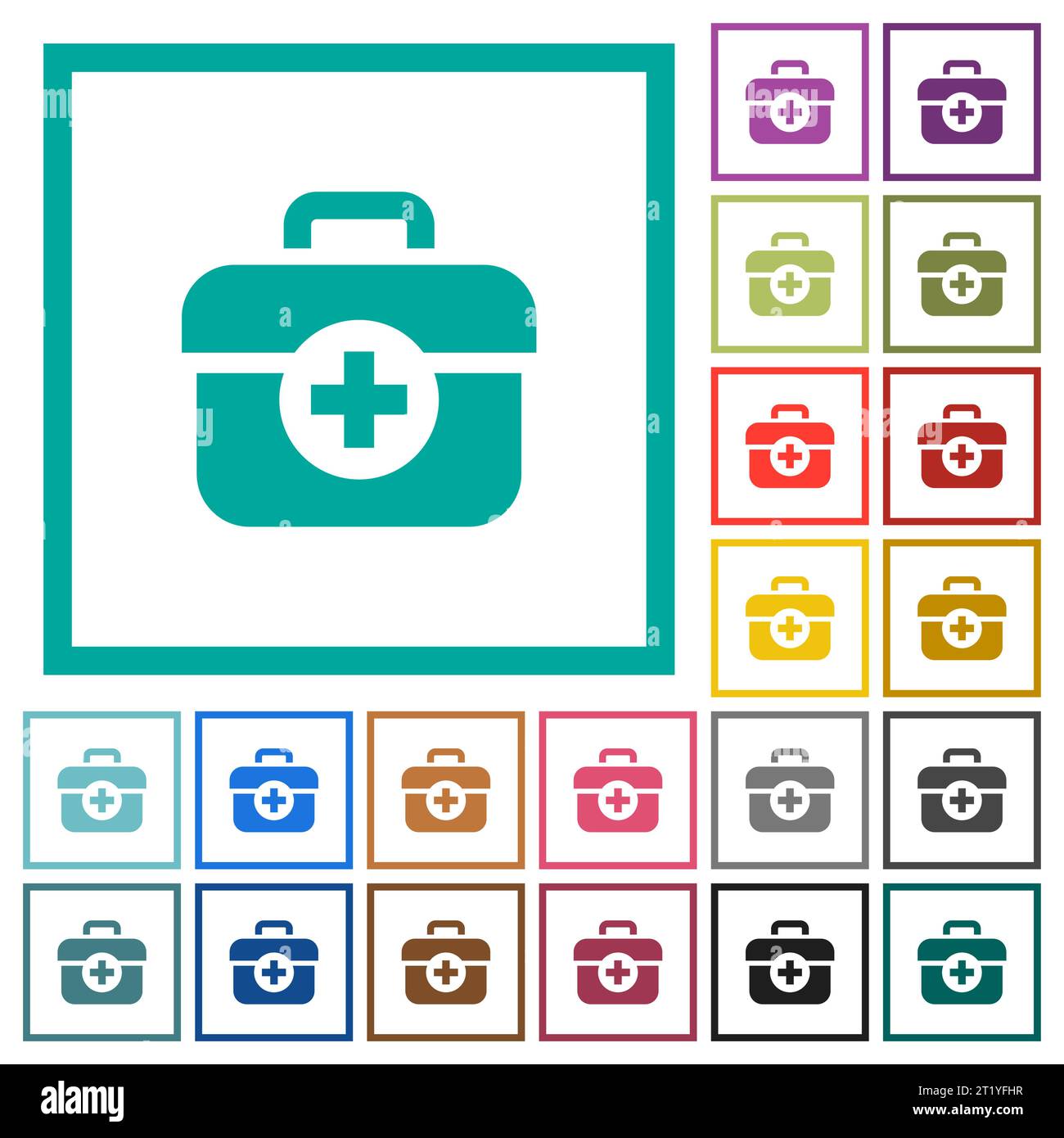 First aid kit solid flat color icons with quadrant frames on white ...