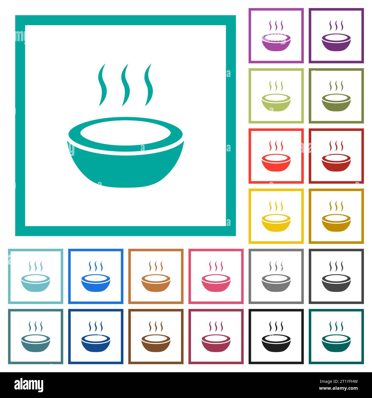 Steaming bowl flat color icons with quadrant frames on white background ...