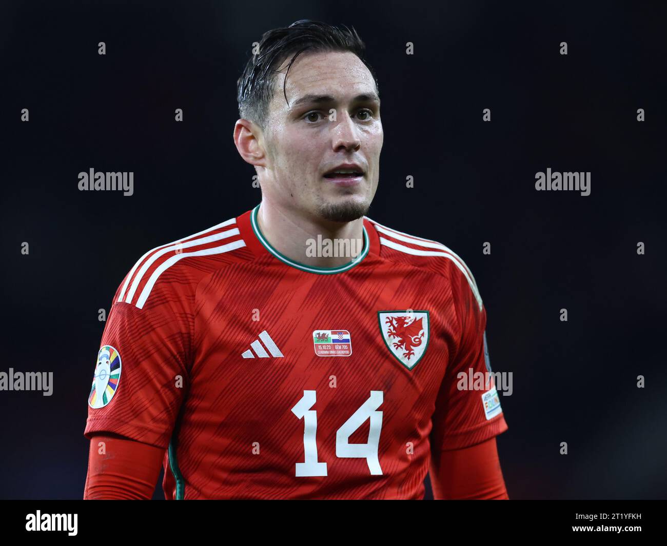 Cardiff, UK. 15th Oct, 2023. Connor Roberts of Wales reacts to an ...