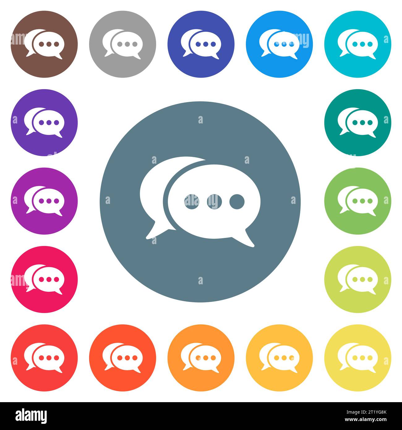 Two oval active chat bubbles solid flat white icons on round color ...