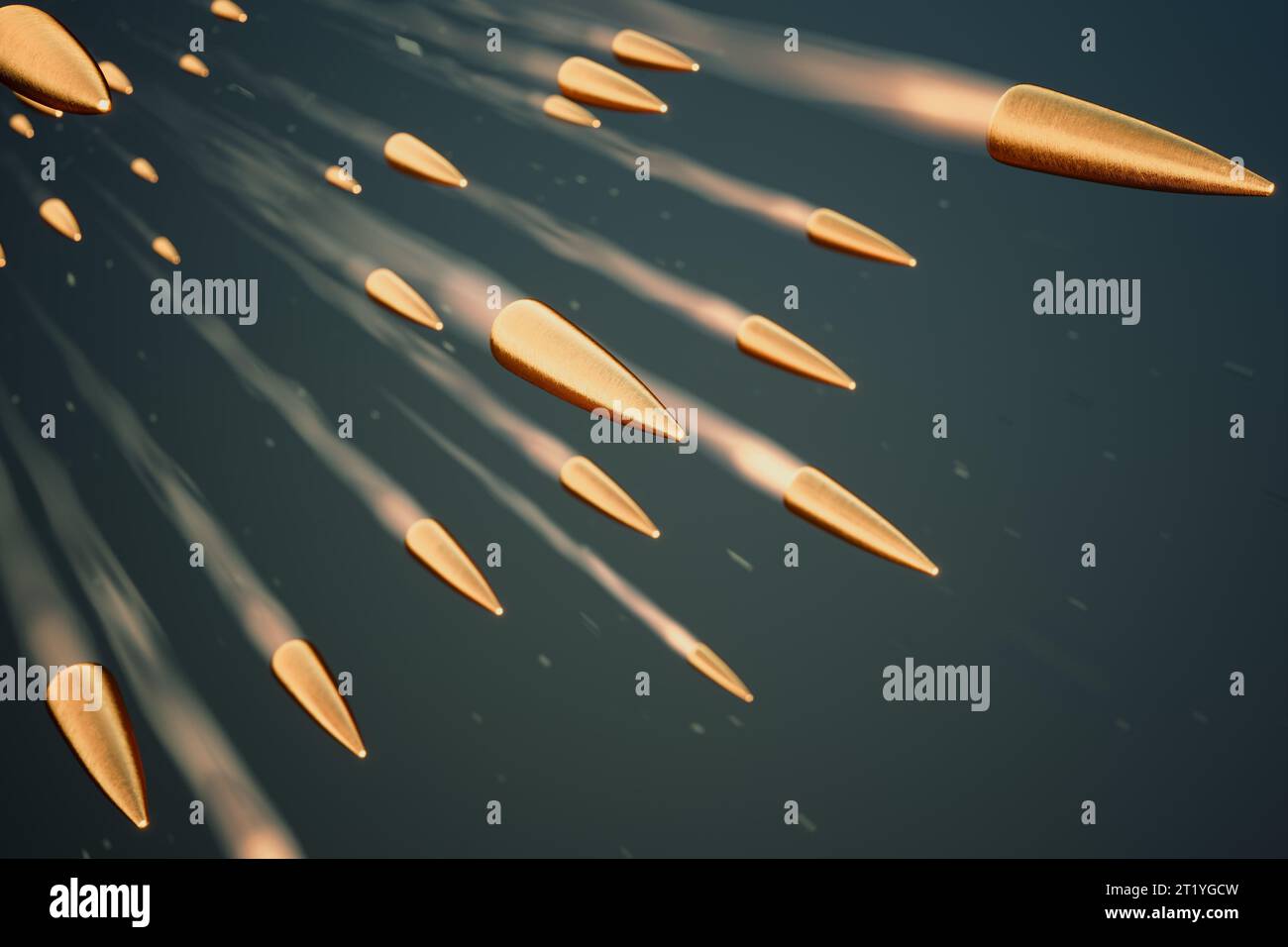 Bullets with smoke traces flying through the air. The bullets are ...