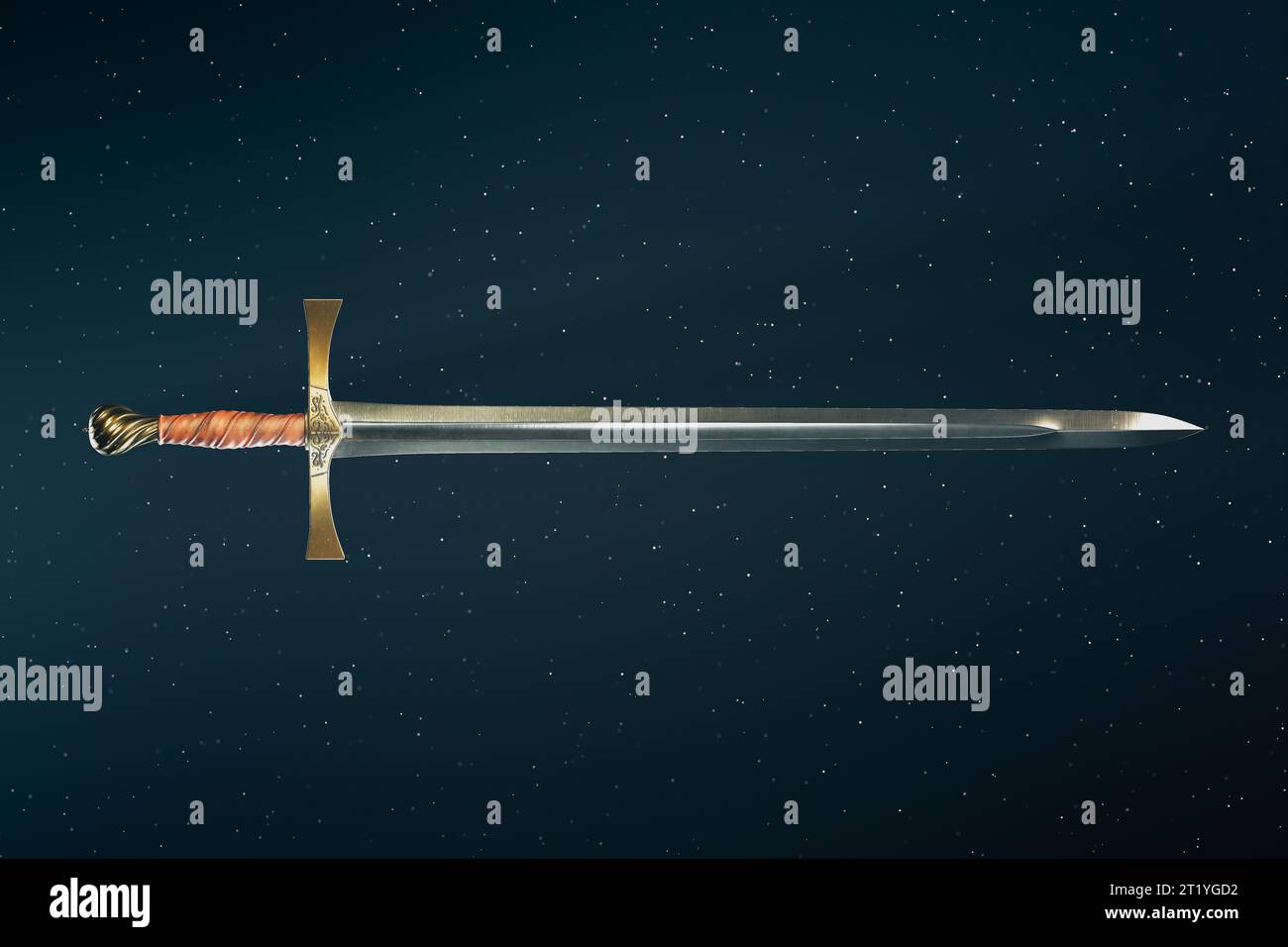 A beautifully crafted medieval sword with a shiny blade and a sculpted ...