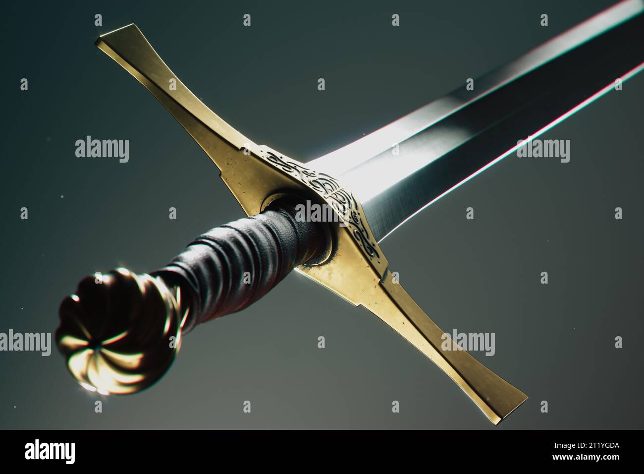 A beautifully crafted medieval sword with a shiny blade and a sculpted ...