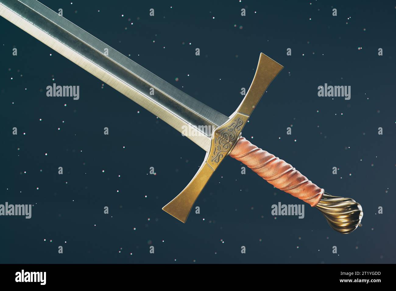 A beautifully crafted medieval sword with a shiny blade and a sculpted ...
