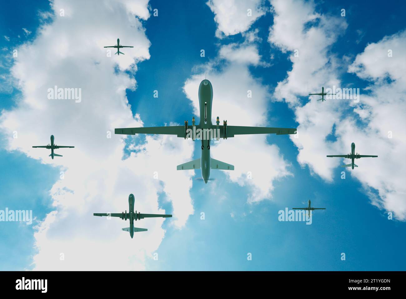Aerial view of a fleet of unmanned aerial vehicles soaring high in the ...