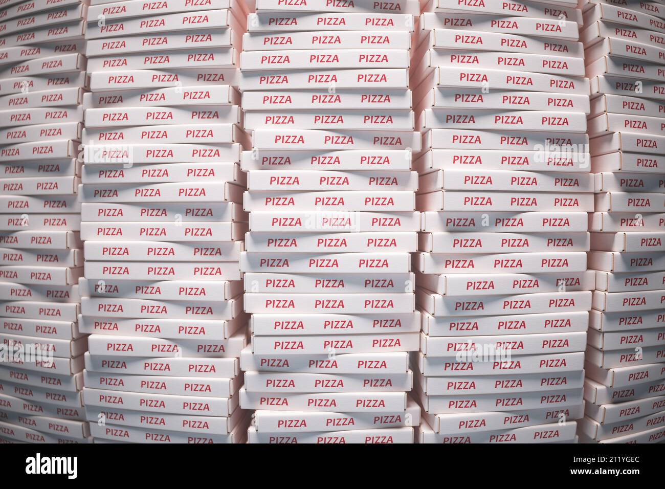 A huge pile of cardboard pizza boxes. Stack of disposable white pizza ...