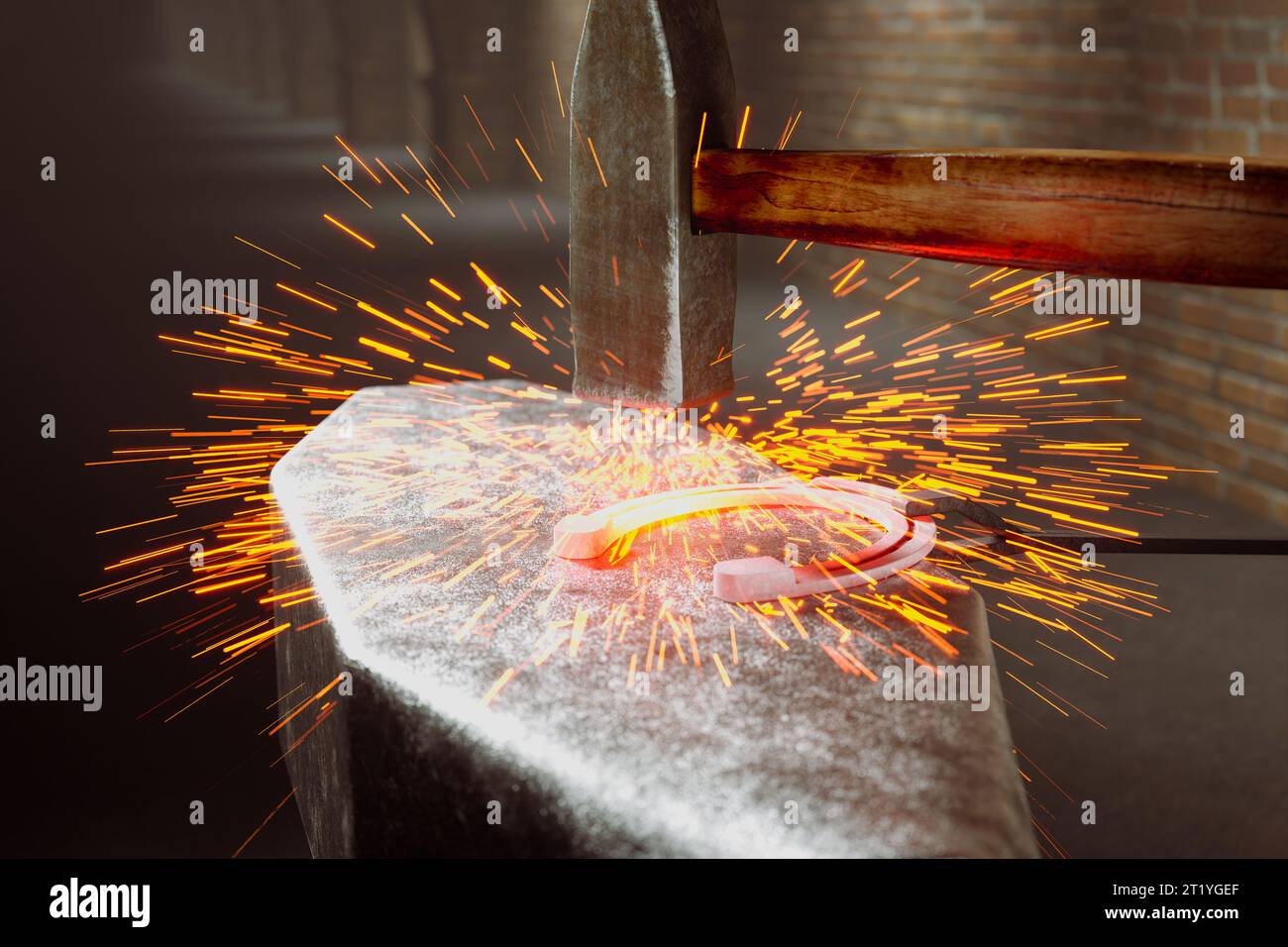 Traditional, ancient forge with an old anvil. Blacksmith with heavy ...