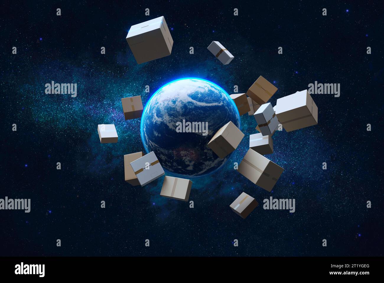 Parcels floating above the Earth, symbolizing the global reach of ...