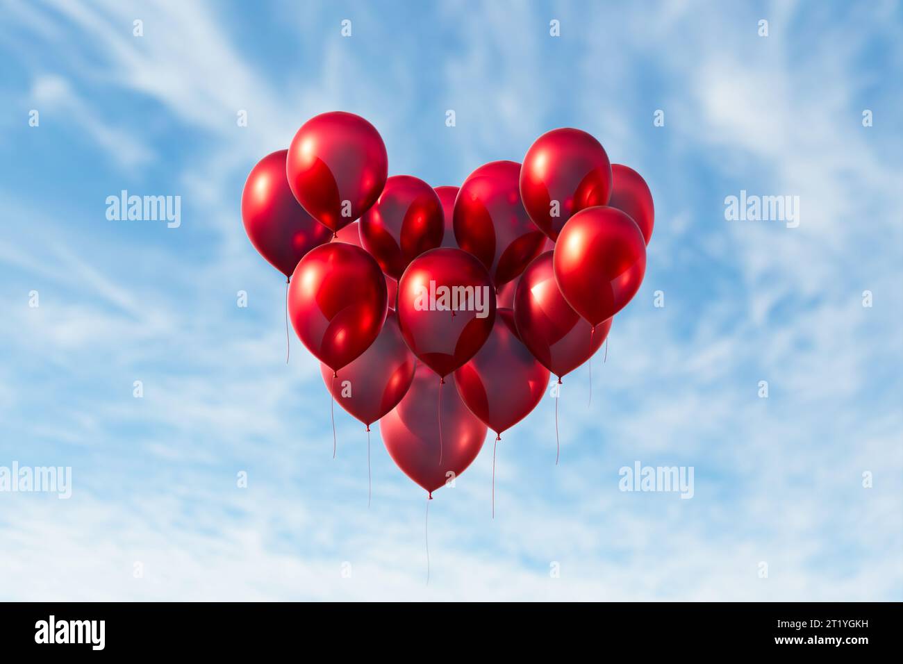 Red balloons form a heart shape. Flying upwards and creating a ...