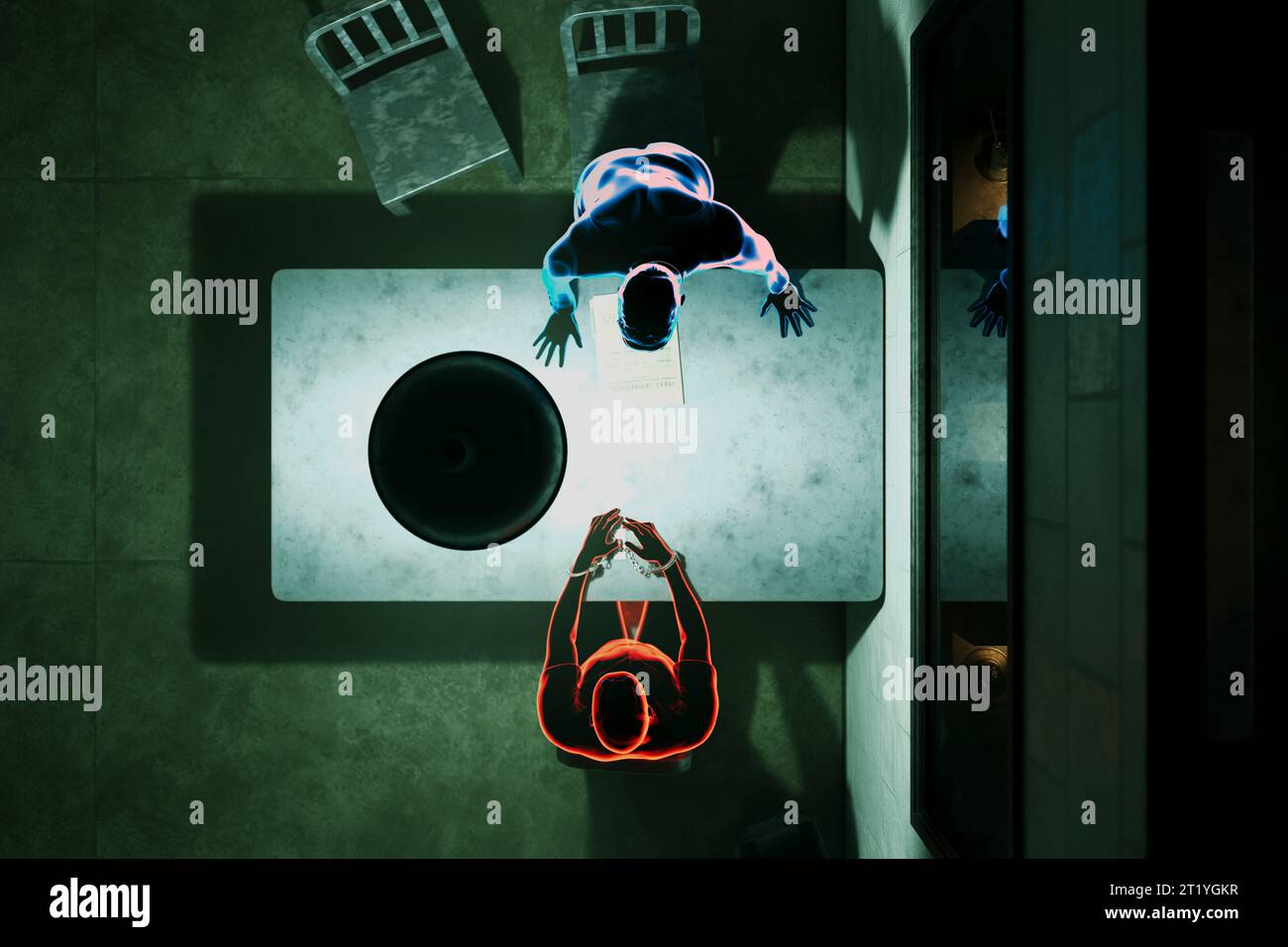 Police interrogation room captured from a high angle. Silhouettes of a ...