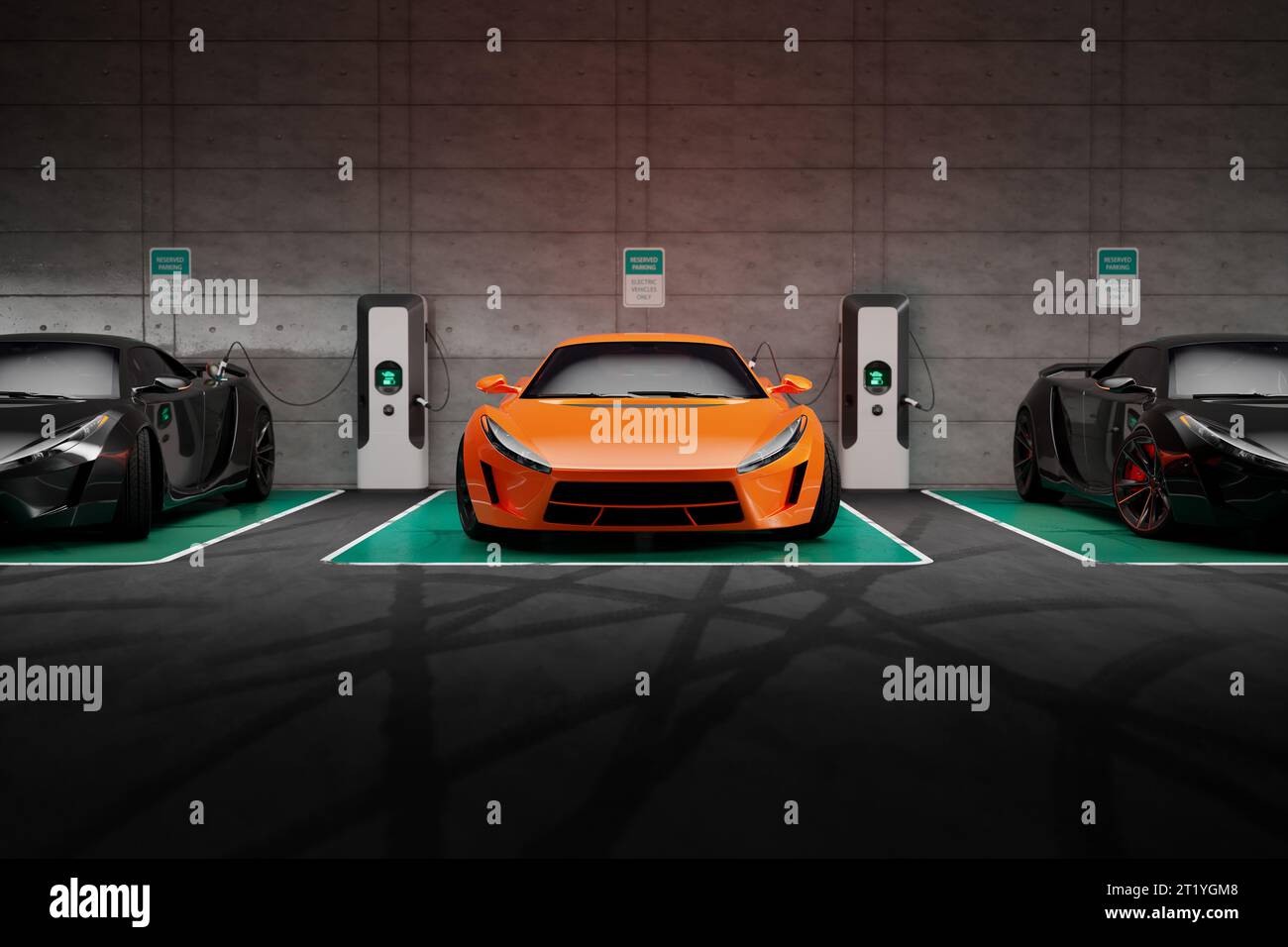 Electric cars connected to a charging station on a parking lot. In the ...