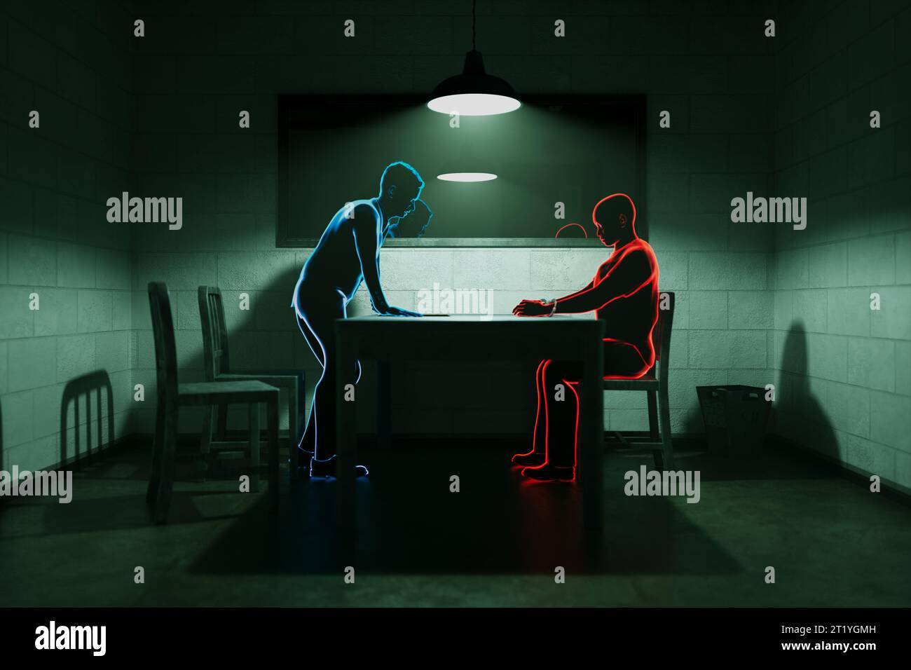 Police interrogation room captured from a side angle. Silhouettes of a ...