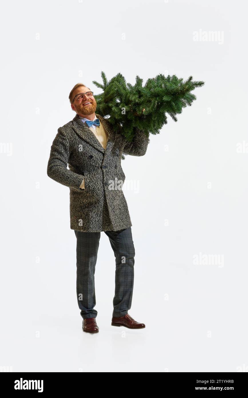 Happy, delightful smiling man dressed retro outfit bought Christmas ...