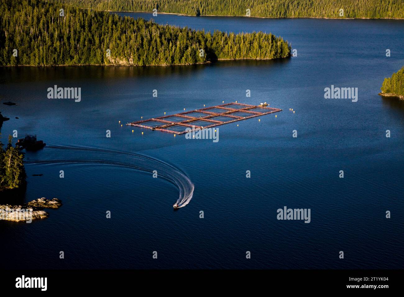 An aerial of a boat driving near one of the many salmon fish farms off ...