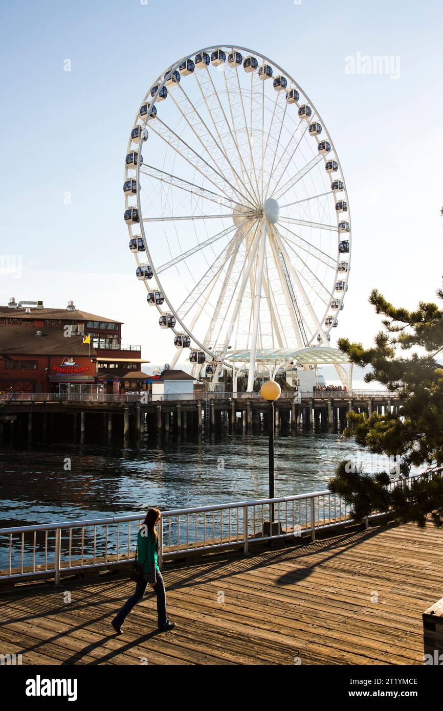 Seattle's newly built ferris wheel on the waterfront in downtown ...