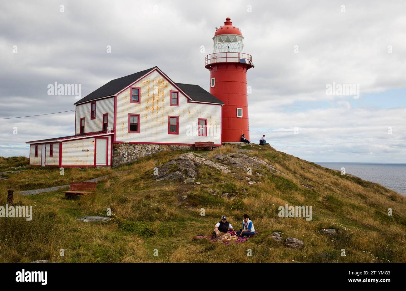A couple in a grassy field at a lighthouse in Ferryland, Newfoundland ...