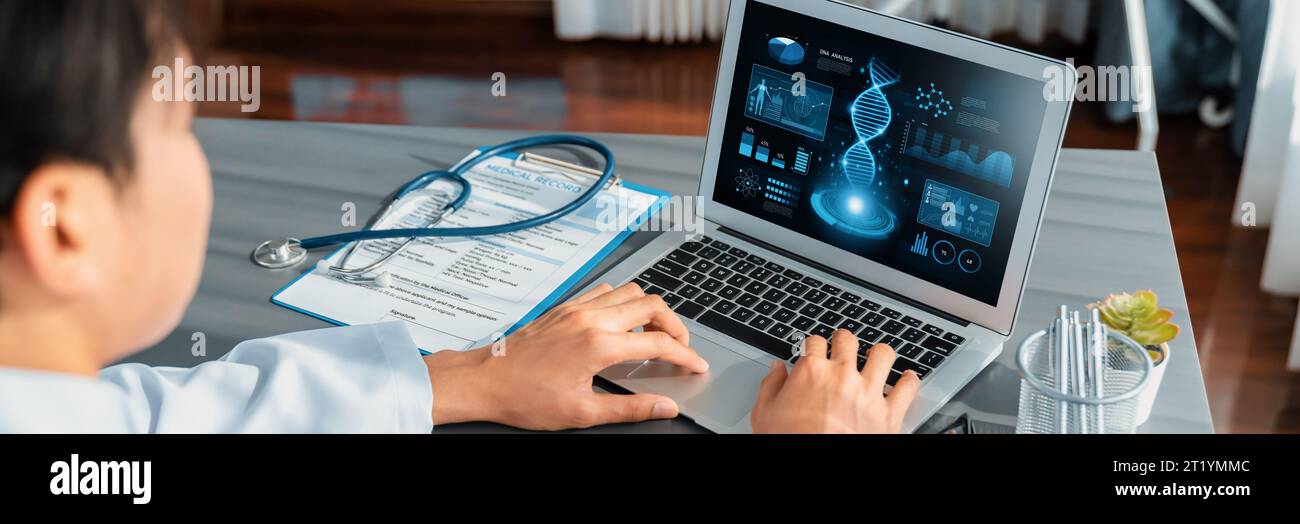 Doctor studying genetic disease in DNA research with laptop, analyze ...