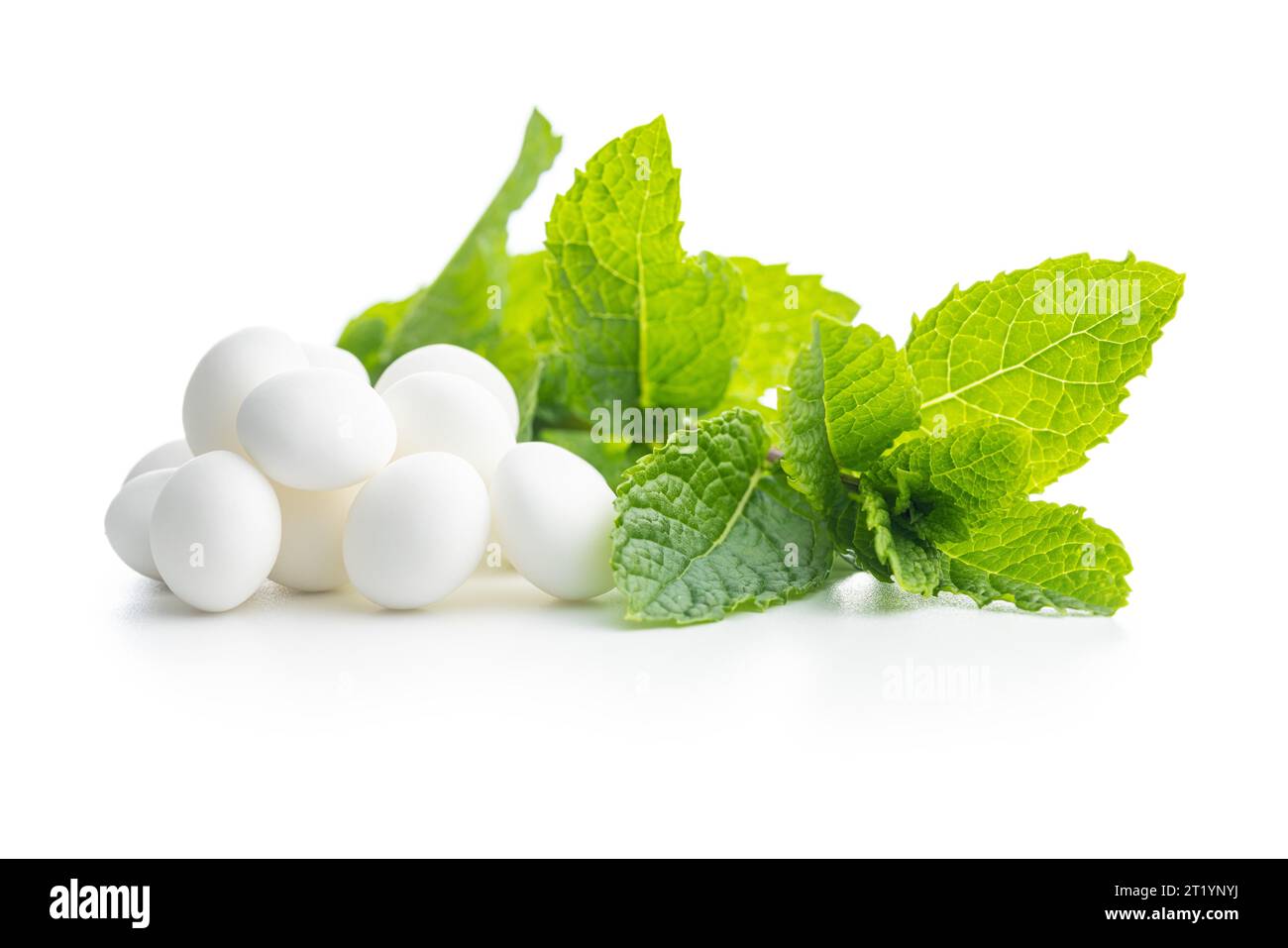 Mint candies. Menthol bonbons and mint leaves isolated on the white ...