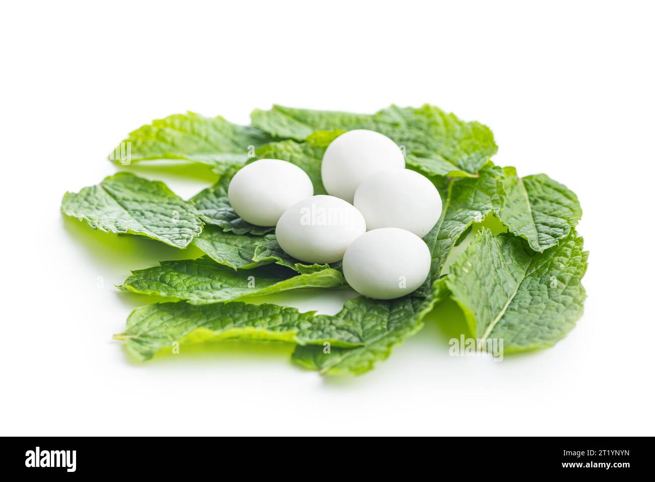 Mint candies. Menthol bonbons and mint leaves isolated on the white ...